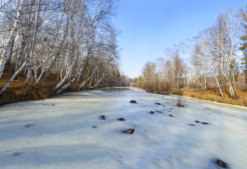 Spring Landscape with the Ice River and Blue Sky Stock Image - Image of ...