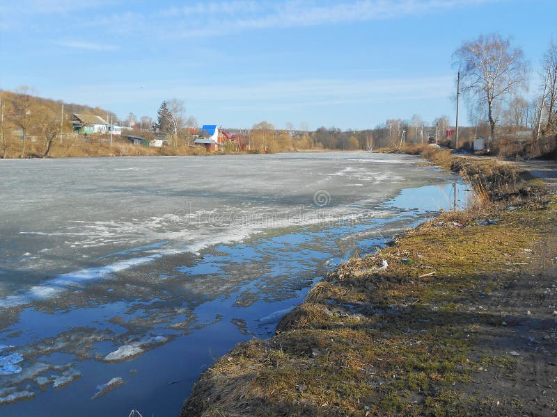 Spring Landscape with Rural Icy Pond. Stock Photo - Image of edge ...