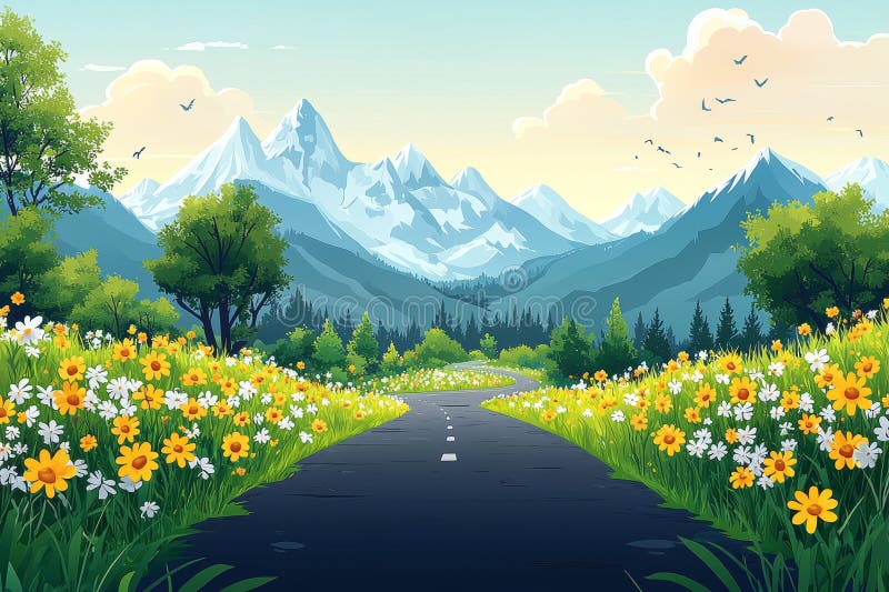 Spring Landscape Illustration with a Flat Style Pastel Background Stock ...