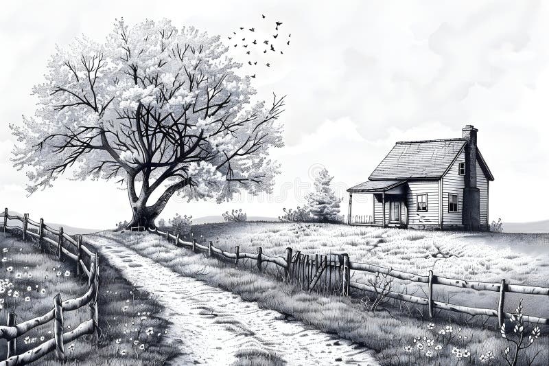 Spring Landscape Illustration. Ink Drawing on White Paper Stock ...
