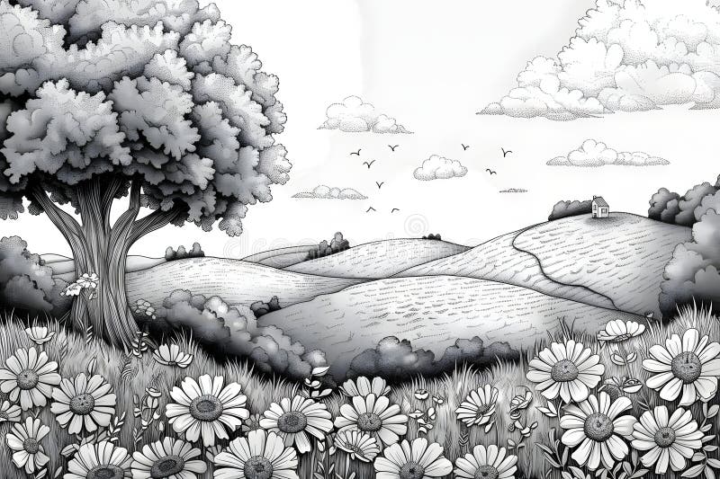 Spring Landscape Illustration. Ink Drawing on White Paper Stock ...