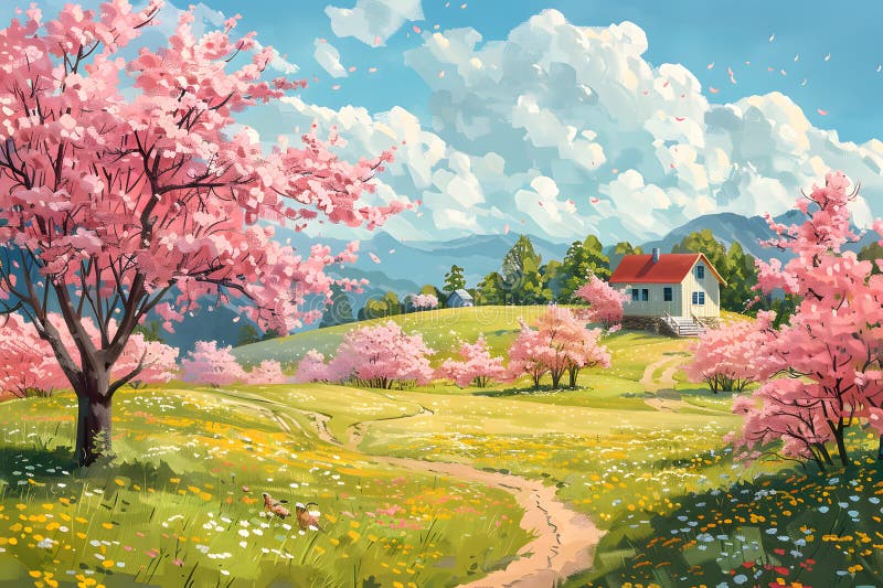 Spring Landscape Illustration. Painting Stock Illustration ...