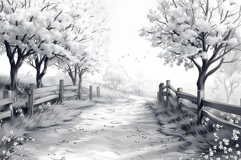 Spring Landscape Illustration. Pencil Drawing Stock Illustration ...