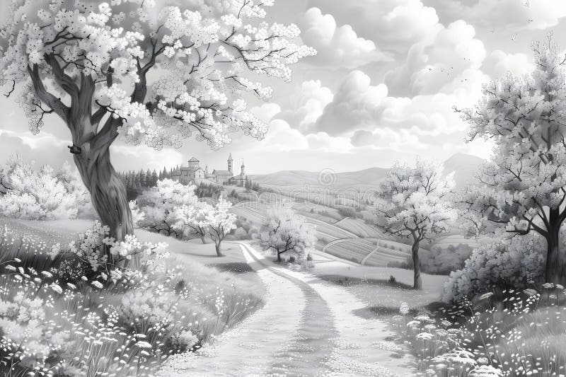 Spring Landscape Illustration. Pencil Drawing Stock Illustration ...