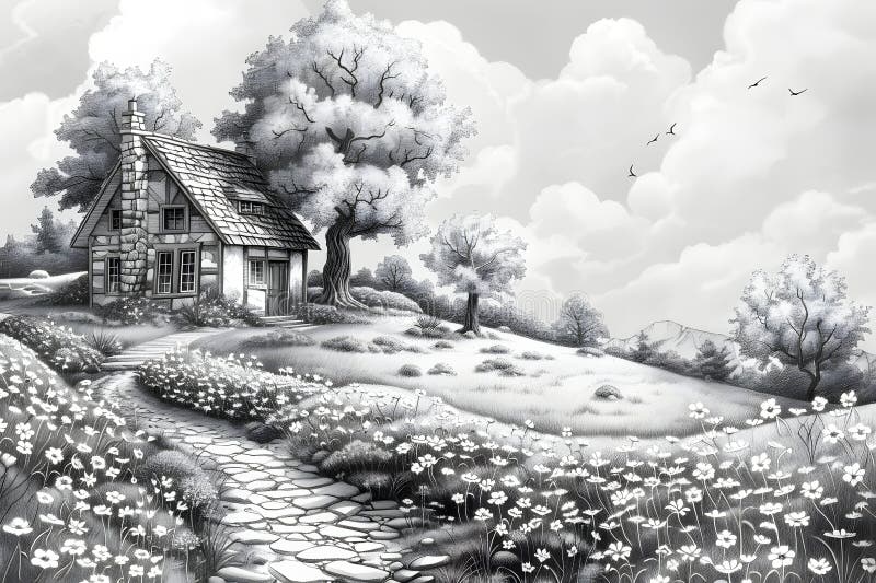 Spring Landscape Illustration. Pencil Drawing Stock Illustration ...
