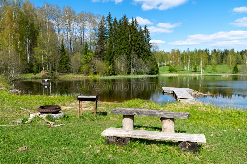 Spring Landscape with a Lake, the First Bright Green of Spring ...
