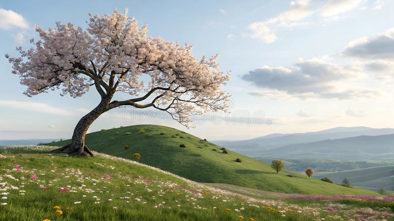 Spring Landscape with Lone Tree on a Hill Stock Illustration ...