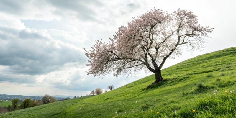 Spring Landscape with a Lone Tree on a Hill Stock Illustration ...