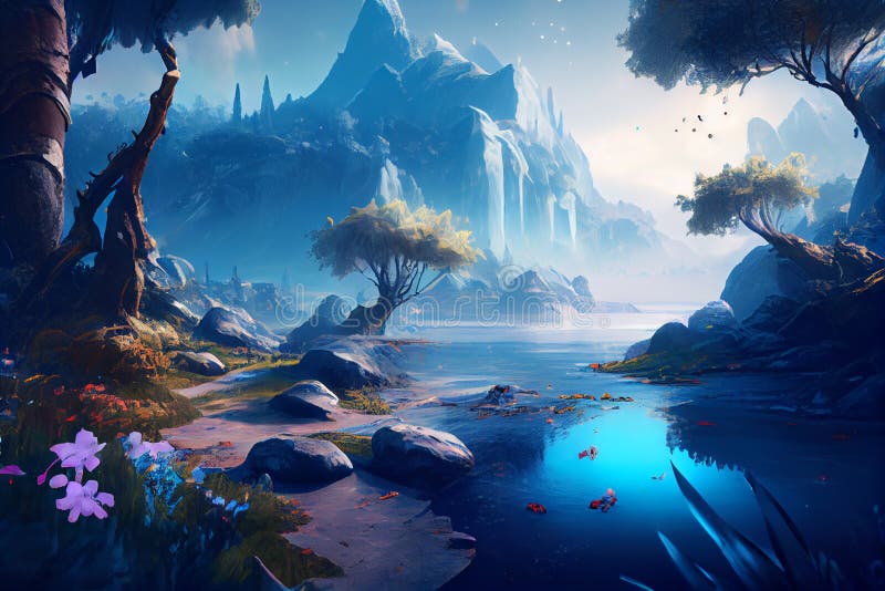 Spring Landscape of Magical World with Mountains and a River AI ...