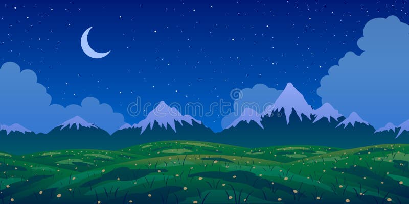 Spring Landscape. Mountains and Flowering Meadow at Starry Night ...