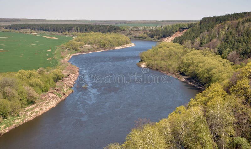 Spring Landscape. Panoramic Top View of the Bend of a Large River ...