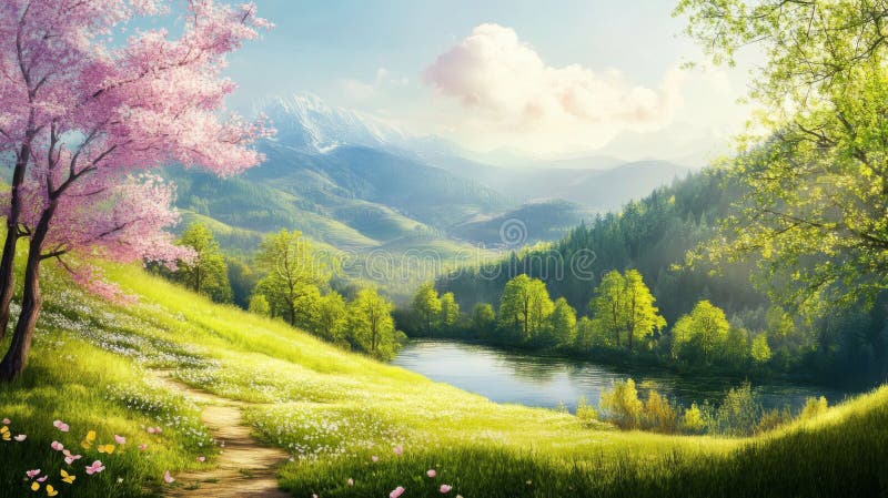 Spring Landscape with Pink Tree and Mountain Lake Stock Illustration ...