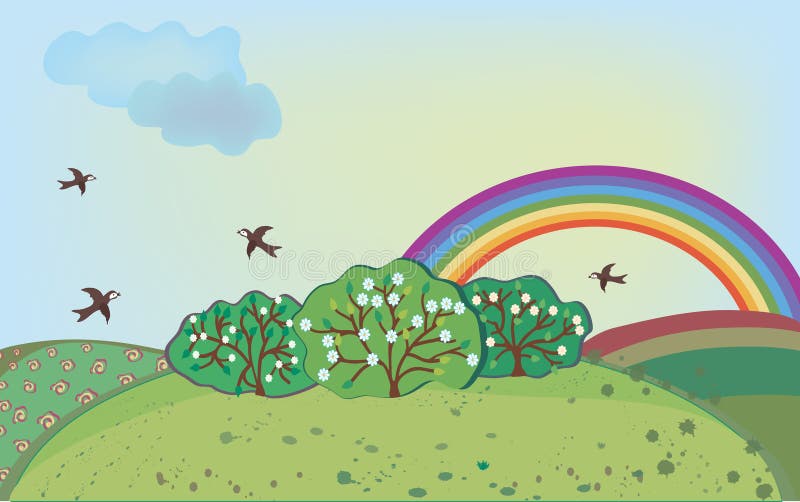 Spring Landscape with Rainbow and Bird Stock Vector - Illustration of ...