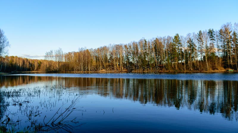 Spring Landscape with Reflections of Lakes, Clouds and Trees on a Calm ...