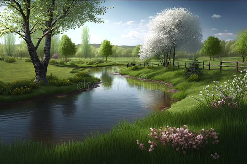 Spring Landscape with River and Blooming Trees. 3d Render Stock ...