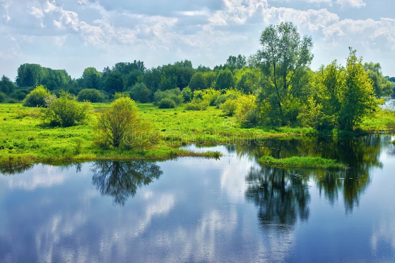 Spring Landscape River Clouds Blue Sky Green Trees Stock Image - Image ...