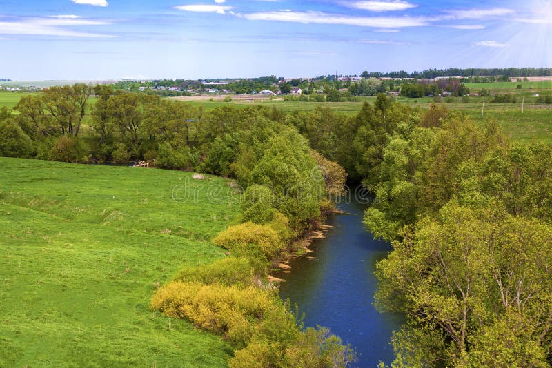 Spring Landscape, River Field, Forest, Against the Blue Sky with Clouds ...