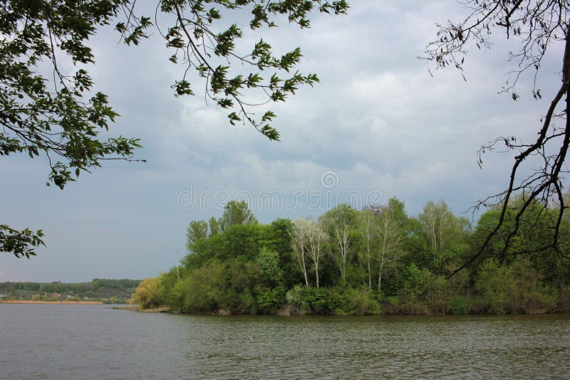 Spring Landscape with River in the Forest, Green Trees and Cloudy Sky ...