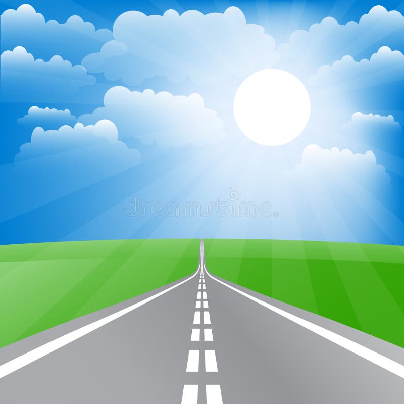 Spring Landscape with Road and Sun. Stock Vector - Illustration of ...