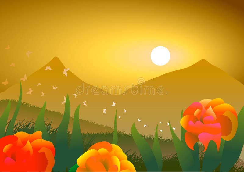 Spring Landscape. Roses, Butterflies and Mountains at Sunset Stock ...