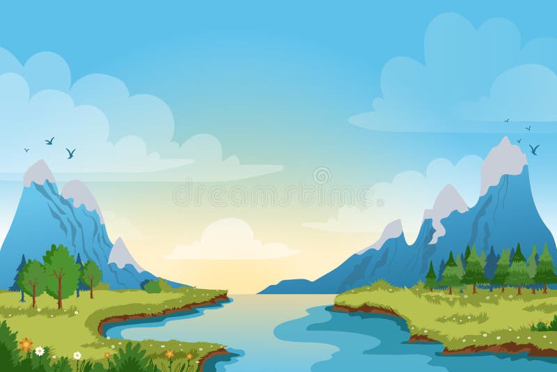 Spring Landscape Scene Vector Illustration. Stock Vector - Illustration ...