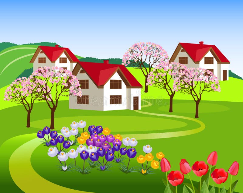 Spring Landscape with Small Houses. Stock Vector - Illustration of ...