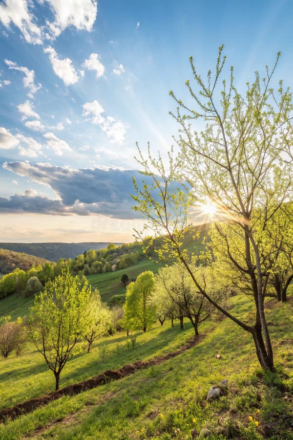 Spring Landscape with Sun Rays Stock Illustration - Illustration of ...