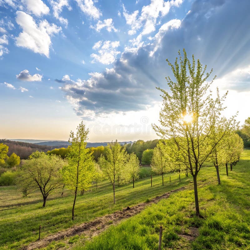 Spring Landscape with Sun Rays Stock Illustration - Illustration of ...