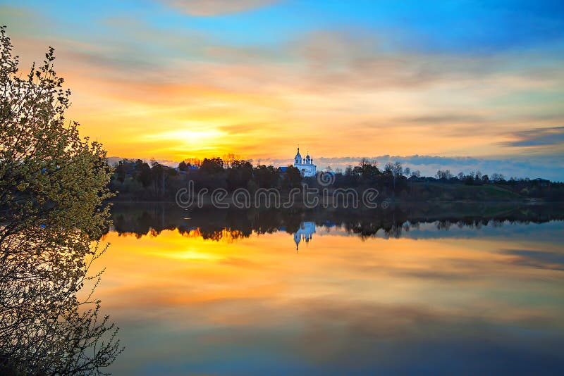 Spring Landscape with Sunrise Over Water Stock Photo - Image of forest ...