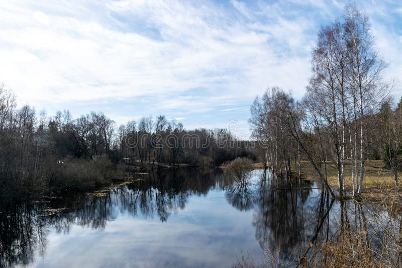Spring Landscape with Trees, Beautiful Sky, Overflowing River Stock ...