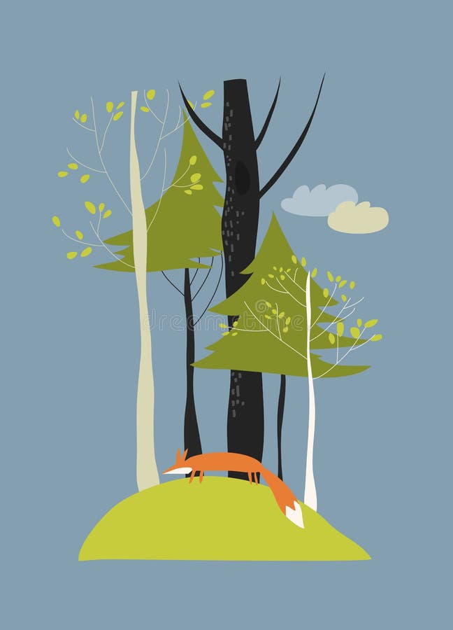 Spring Landscape with Trees and Fox Stock Vector - Illustration of ...
