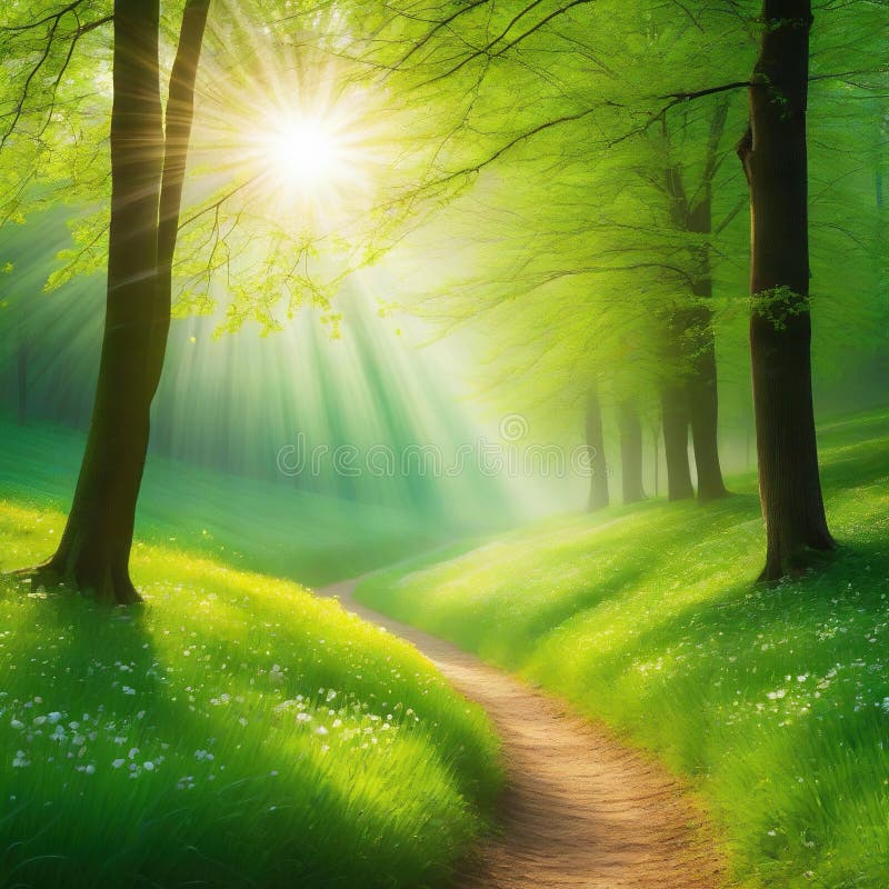 Spring Landscape with Trees with Green Rays of the Sun Breaking through ...