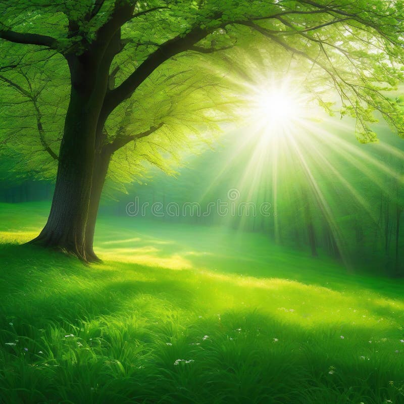 Spring Landscape with Trees with Green Rays of the Sun Breaking through ...