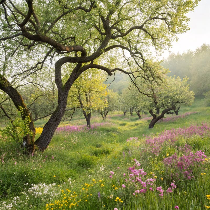 Spring Landscape with Trees and Meadow Stock Illustration ...
