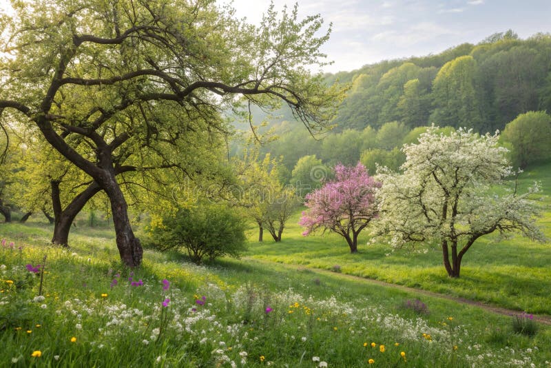 Spring Landscape with Trees and Meadow Stock Illustration ...