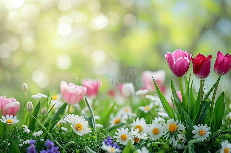 Spring Landscape with Tulips and Daisies Stock Illustration ...