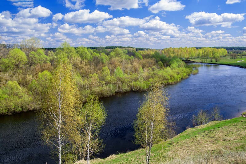 Spring Landscape with a Turning River, Forest, Meadow and Blue Sky ...