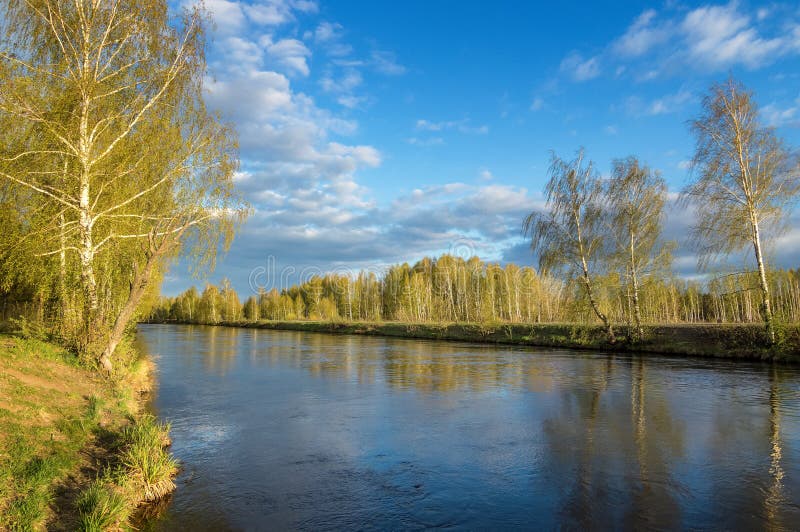 Spring Landscape at the Ural River with Birch, Russia Stock Image ...