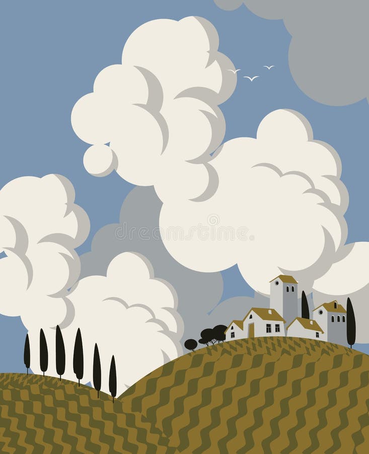 Spring Landscape with Village on the Hill Stock Vector - Illustration ...