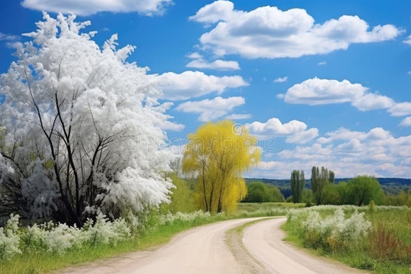 Spring Landscape with Willow Trees on the Road and Blue Sky with Clouds ...