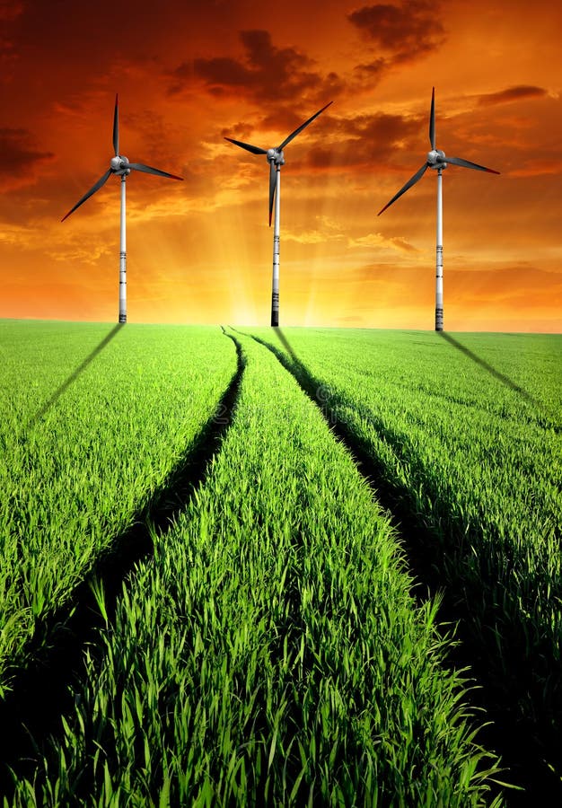 Spring Landscape with Wind Turbines Stock Photo - Image of dramatic ...