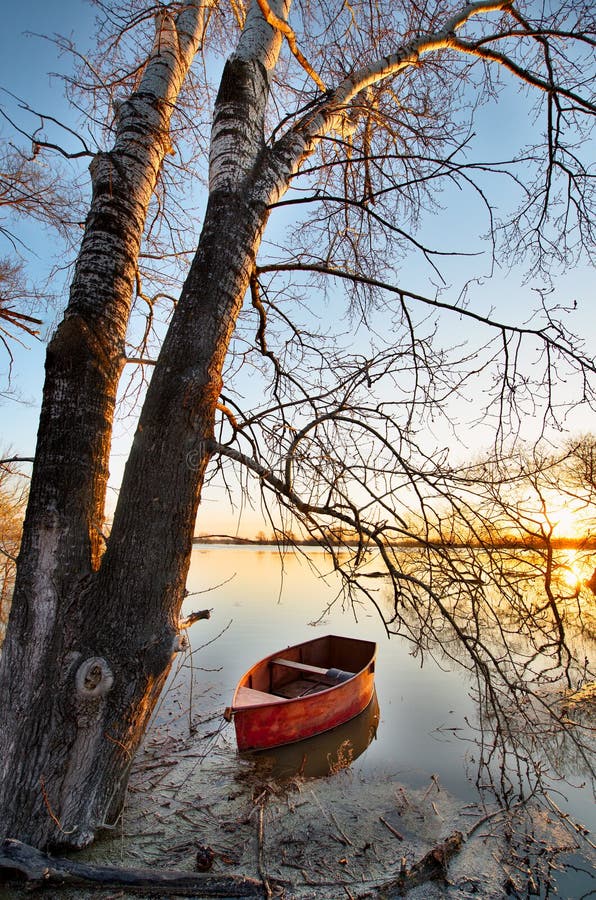 Spring Landscape with Wooden Boat Stock Photo - Image of river, tree ...