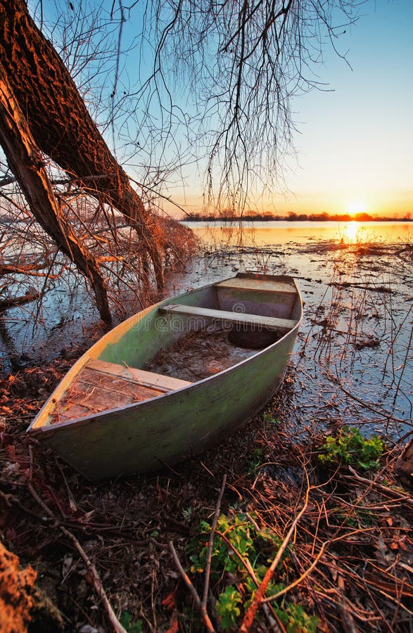 Spring Landscape with Wooden Boat Stock Photo - Image of outdoors ...
