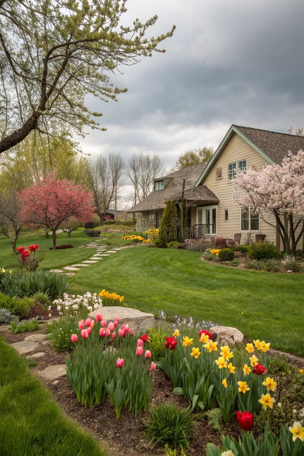Spring Landscaping Home. a View of Landscaping in the Backyard of a Country Home in the ...