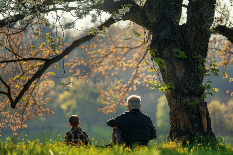On the Spring Lawn, a Father and Son are Sitting Under a Tree Stock ...