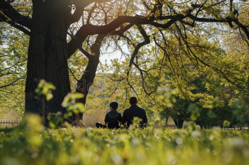 Spring Lawn with Father and Son Sitting Under the Tree Stock Image ...