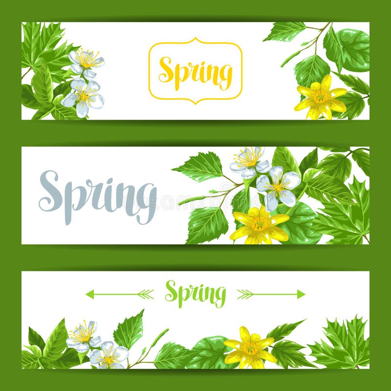 Spring Leaves and Flowers. Banners with Plants Stock Vector ...
