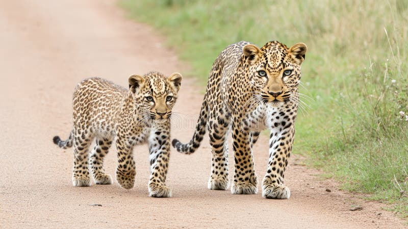 A Spring Leopard Confidently Strides Down a Dirt Path Alongside Its ...