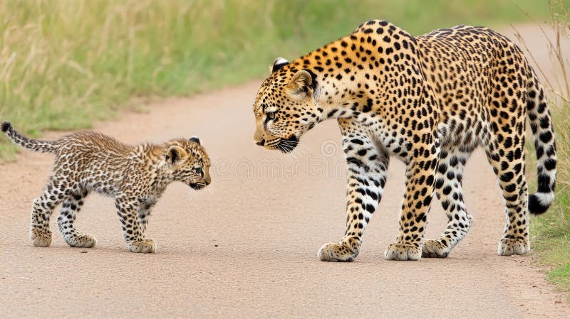 A Spring Leopard Confidently Strides Down a Dirt Path Alongside Its ...