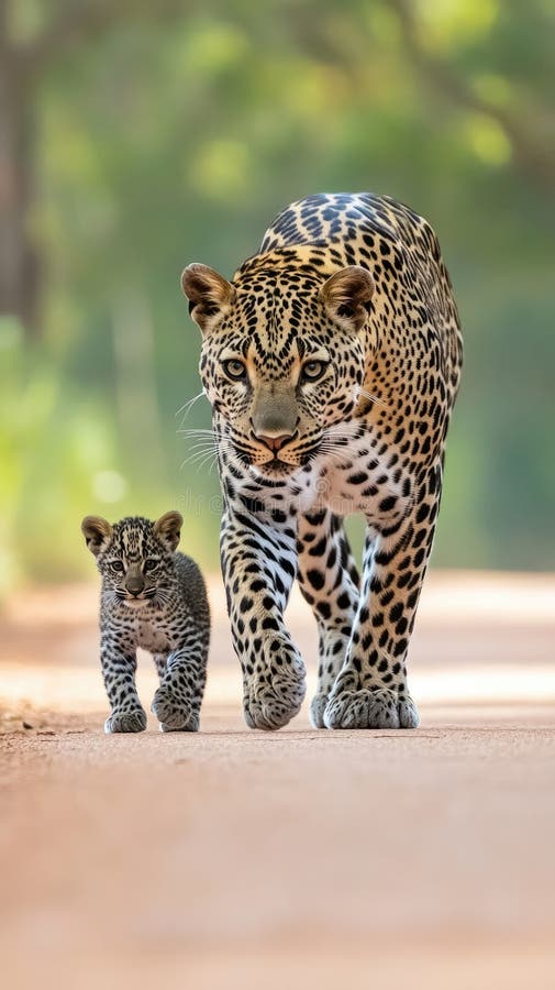 A Spring Leopard Confidently Strides Down a Dirt Path Alongside Its ...